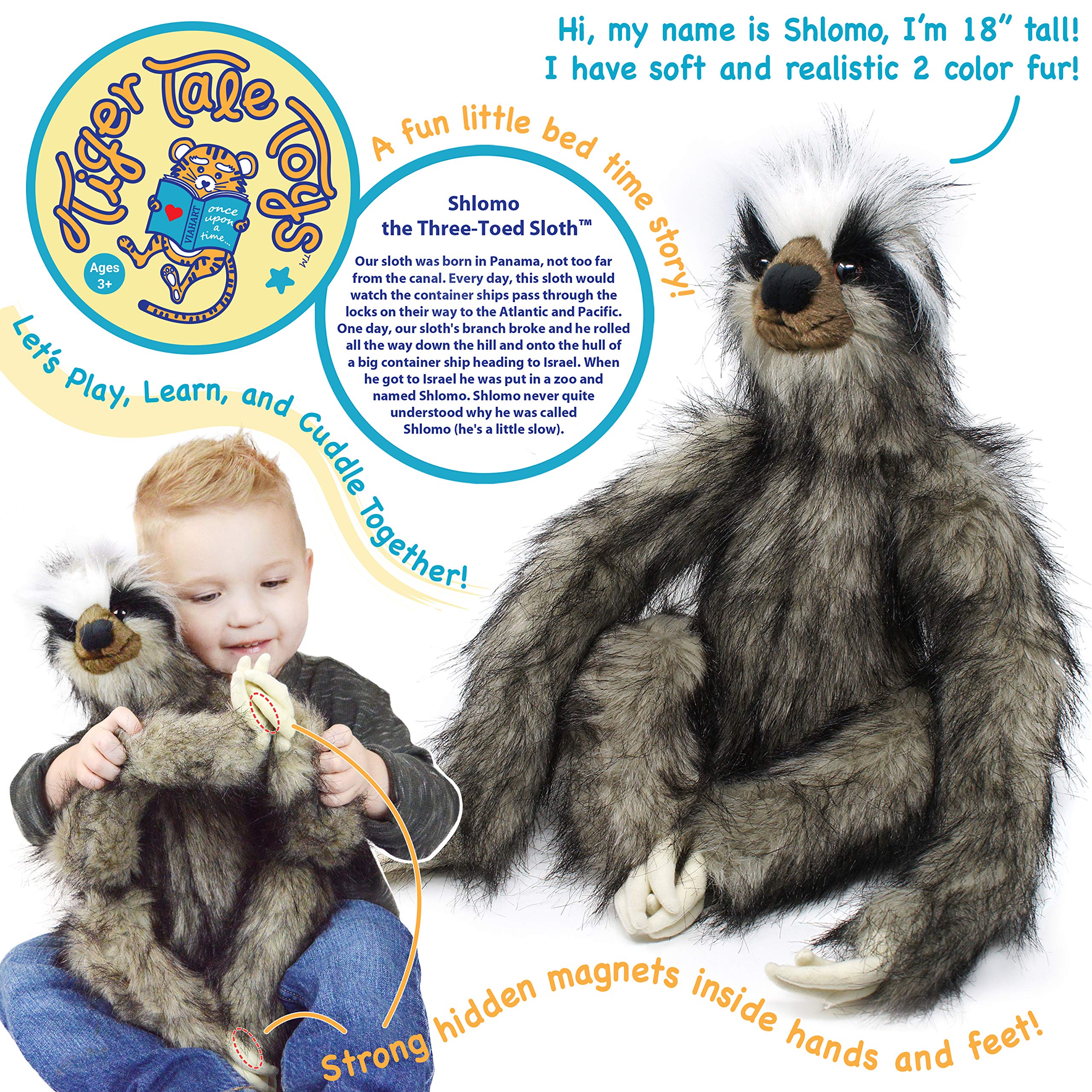 VIAHART Shlomo The Three-Toed Sloth - 18 Inch Super Realistic Large Stuffed Animal Plush Toy with Magnetic Paws - by Tiger Tale Toys