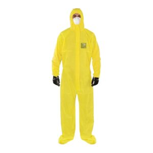 ansell healthcare yy23-b-92-147-06 microchem by alphatec series 2300 coverall with 3 piece hood, attached sock boots, finger loops, 2x-large, yellow (pack of 25)