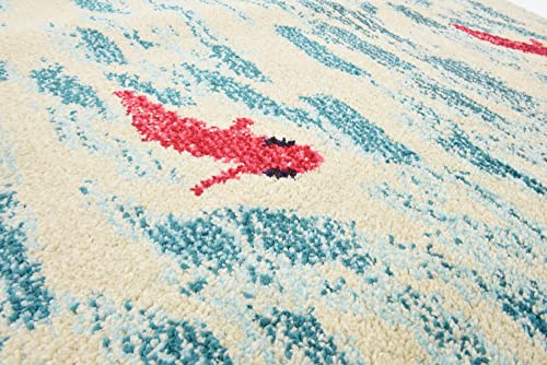 Unique Loom Positano Collection Coastal Modern Bright Colors Fish Beige Runner Rug (3' x 10')