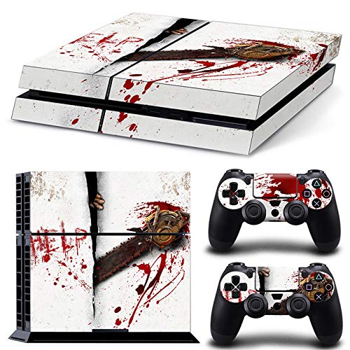 ZOOMHITSKINS PS4 Console and Controller Skins, Fear Chainsaw Blood Horror Zombie Red White Terror Panic, Durable, Bubble-Free Goo-Free, 1 Console Skin 2 Controller Skins, Made in USA