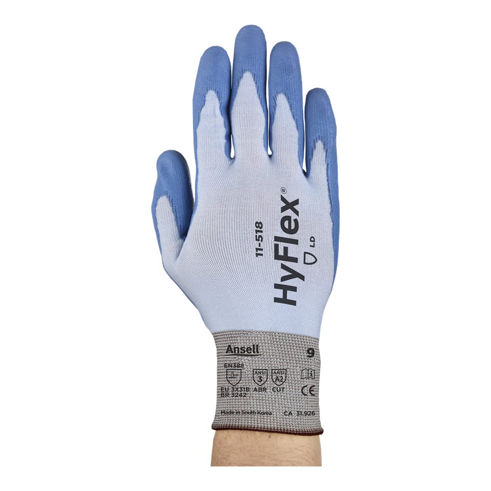 Ansell Healthcare 111712 Series 11-518 HyFlex Polyurethane Light Duty Cut Resistant Glove, Size 11, Blue (Pack of 144)