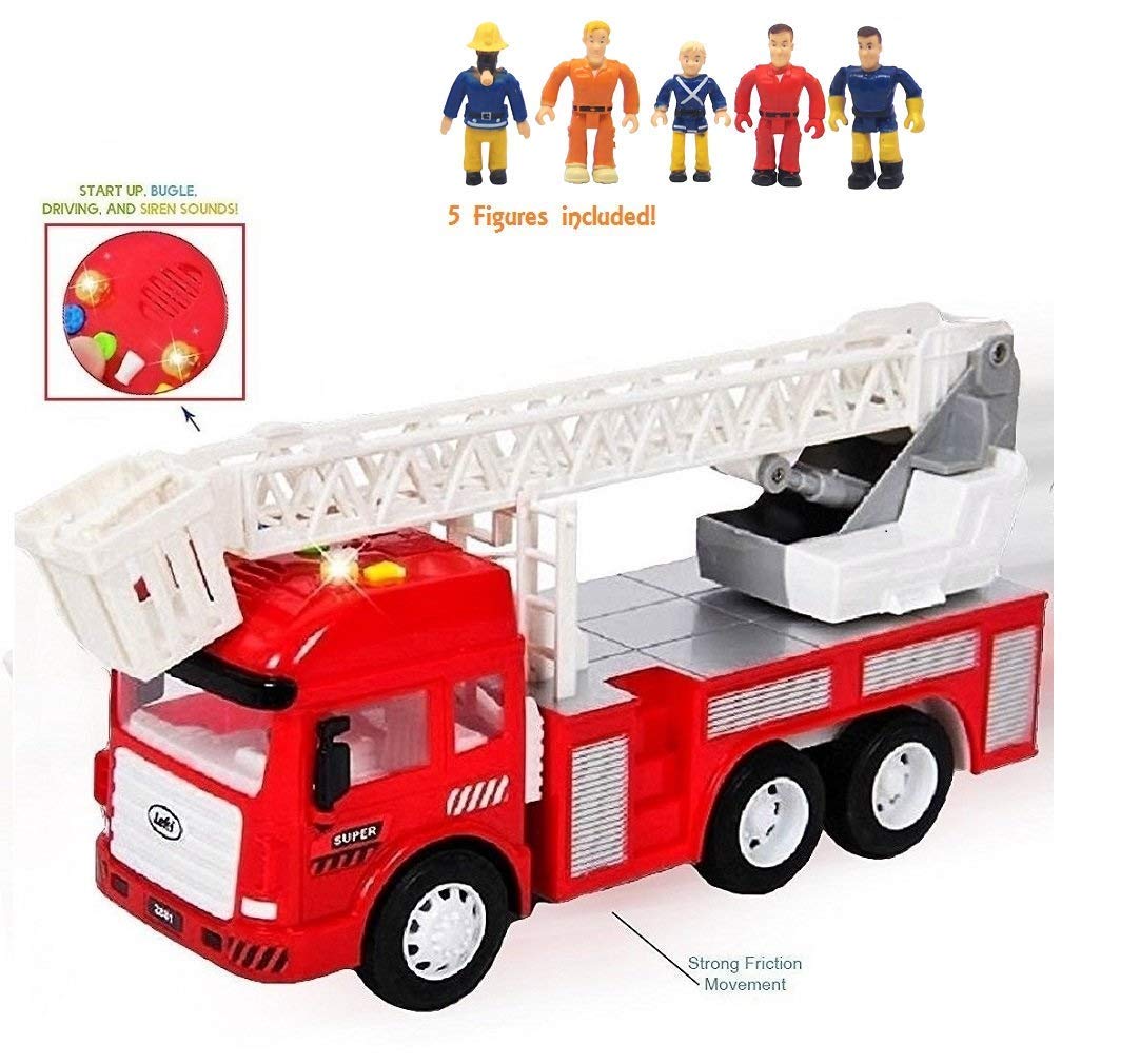 FUNERICA Fire Truck Toy with Flashing Lights, 4 Siren Sounds, Extending Rescue Ladder, Friction Strong Powered Firetruck Engine, Best Firefighter Playset Birthday Gift for Toddlers, Kids, Boys, Girls