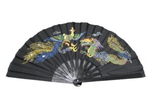 jiaoguo mascot dragon phoenix kung fu tai chi martial arts 13 ribs bamboo frame fan all black