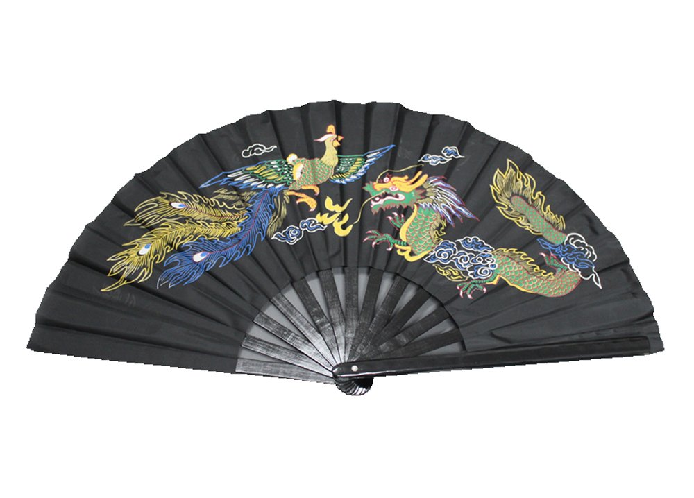 jiaoguo Mascot Dragon Phoenix Kung Fu Tai Chi Martial Arts 13 Ribs Bamboo Frame Fan All Black