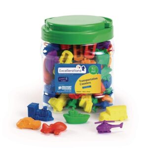 excellerations math manipulatives set of 72 transportation vehicle counters 1-1/2 inches -2 inches, stem educational toys for mathematics, preschool (item # transct)