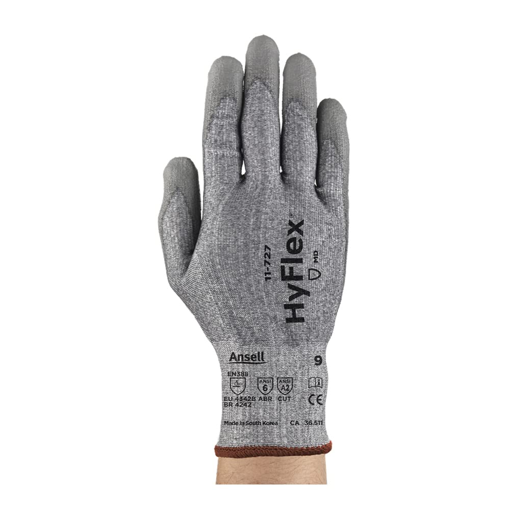 Ansell Healthcare 163836 Series 11-727 HPPE HyFlex Glove, Nylon and Lycra, Knitwrist Cuff, 15 Gauge, Size 6, Gray Liner with a Polyurethane Palm Coat (Pack of 144)