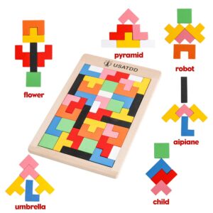 USATDD Wooden Puzzles Blocks Brain Teasers Toy Russian Tangram Colorful Jigsaw Game Montessori Intelligence STEM Preschool Educational Gift for Baby Toddlers Kids 3 4 5 6 7 Years Old Boys Girls 40Pcs