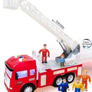 FUNERICA Fire Truck Toy with Flashing Lights, 4 Siren Sounds, Extending Rescue Ladder, Friction Strong Powered Firetruck Engine, Best Firefighter Playset Birthday Gift for Toddlers, Kids, Boys, Girls