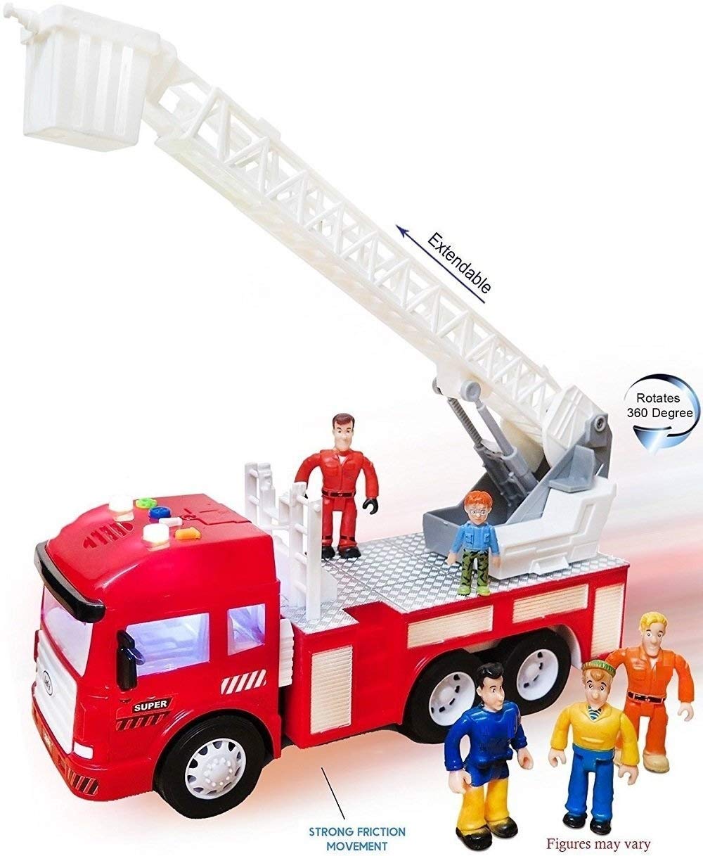 FUNERICA Fire Truck Toy with Flashing Lights, 4 Siren Sounds, Extending Rescue Ladder, Friction Strong Powered Firetruck Engine, Best Firefighter Playset Birthday Gift for Toddlers, Kids, Boys, Girls