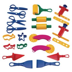 colorations plastic clay & dough starter playset in storage jar, 21 pieces, assorted, class pack, party pack includes rollers, spatulas, cutters, extruders, arts & crafts, for kids