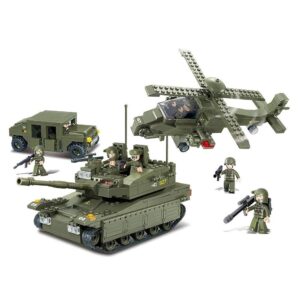 sluban m38-b0309 amphibious onrush blocks army bricks toy-k-1 tank and hind helicopter and hummer squad car