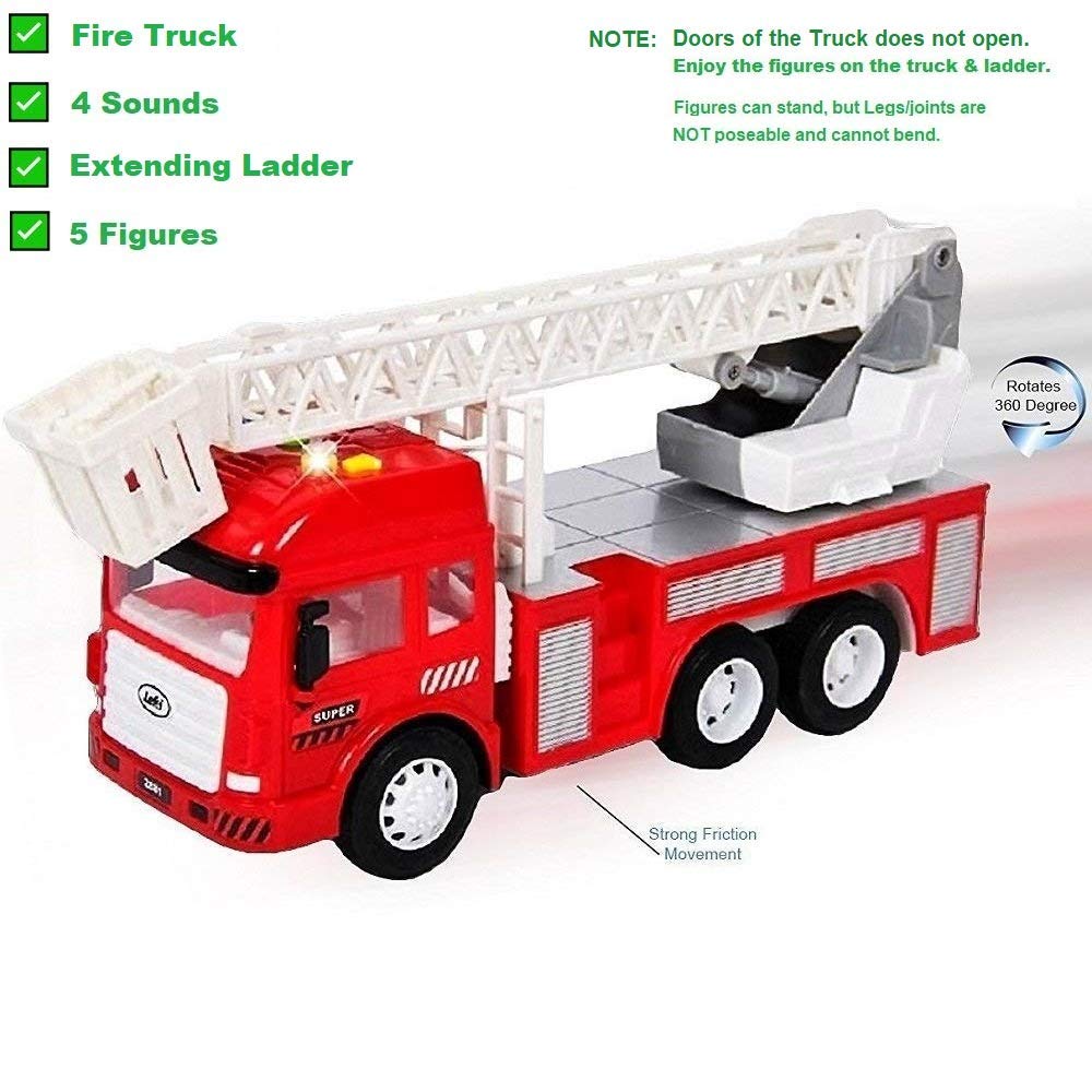 FUNERICA Fire Truck Toy with Flashing Lights, 4 Siren Sounds, Extending Rescue Ladder, Friction Strong Powered Firetruck Engine, Best Firefighter Playset Birthday Gift for Toddlers, Kids, Boys, Girls