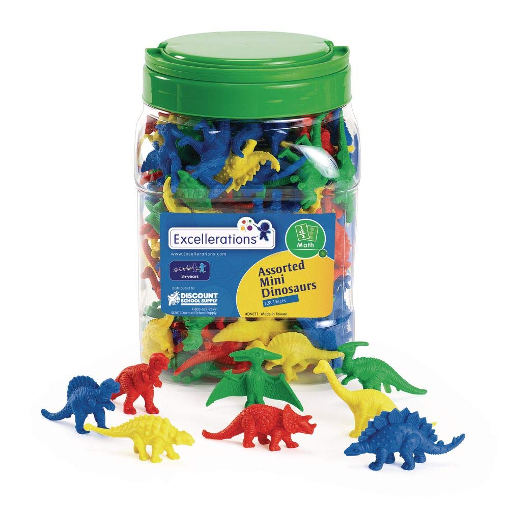 Excellerations Math Manipulatives Set of 128 Mini Dinosaur Counters 1-1/2 inches -2 inches, STEM Educational Toys for Mathematics, Preschool (Item # DNCT1)