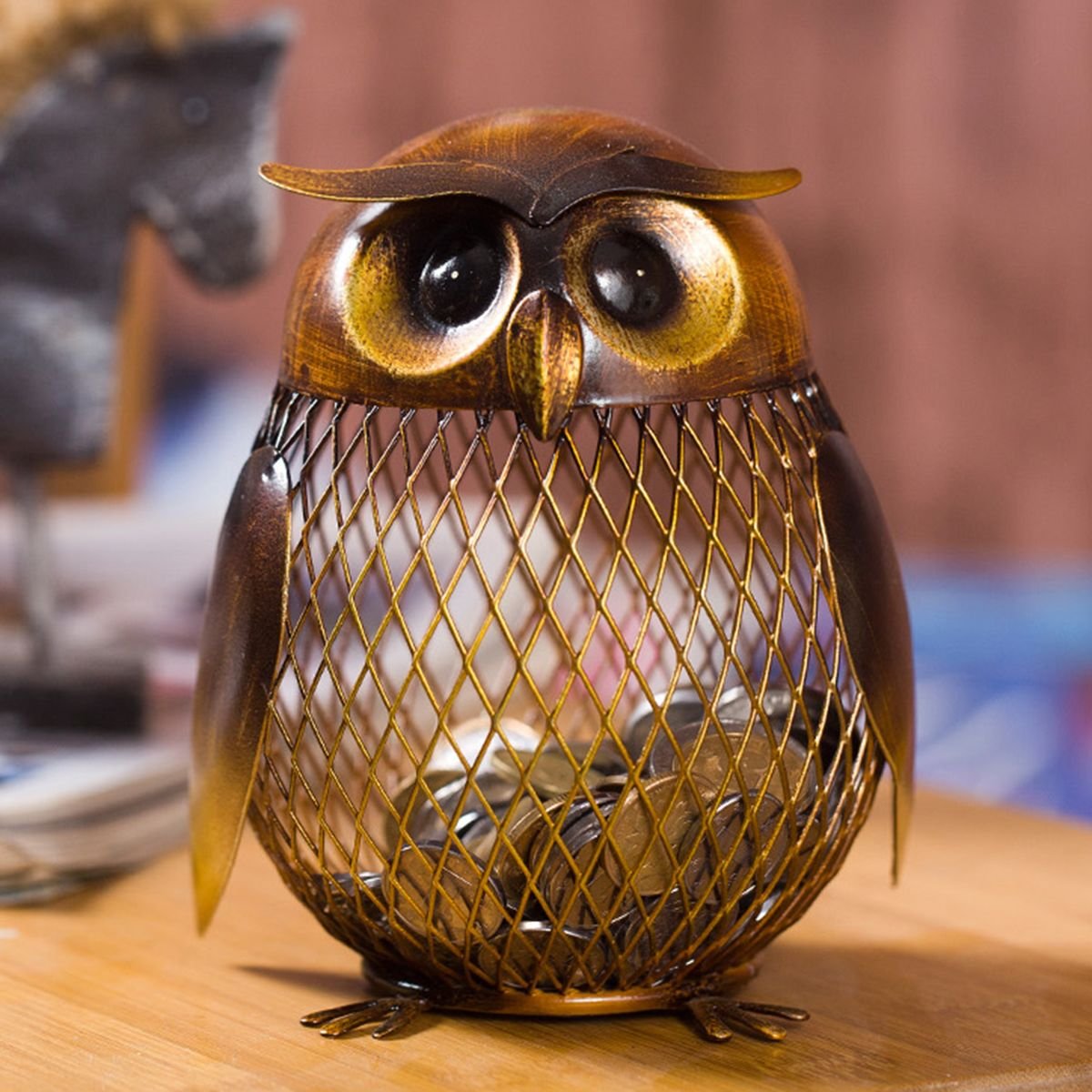 Tooarts Owl Shaped Metal Coin Bank Box Handwork Crafting Art