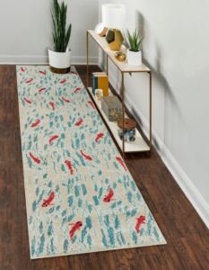 unique loom positano collection coastal modern bright colors fish beige runner rug (3' x 10')