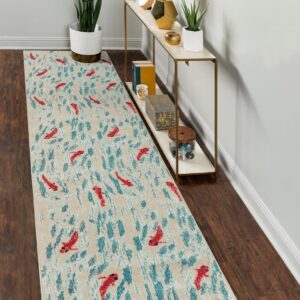 Unique Loom Positano Collection Coastal Modern Bright Colors Fish Beige Runner Rug (3' x 10')