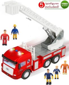 funerica fire truck toy with flashing lights, 4 siren sounds, extending rescue ladder, friction strong powered firetruck engine, best firefighter playset birthday gift for toddlers, kids, boys, girls