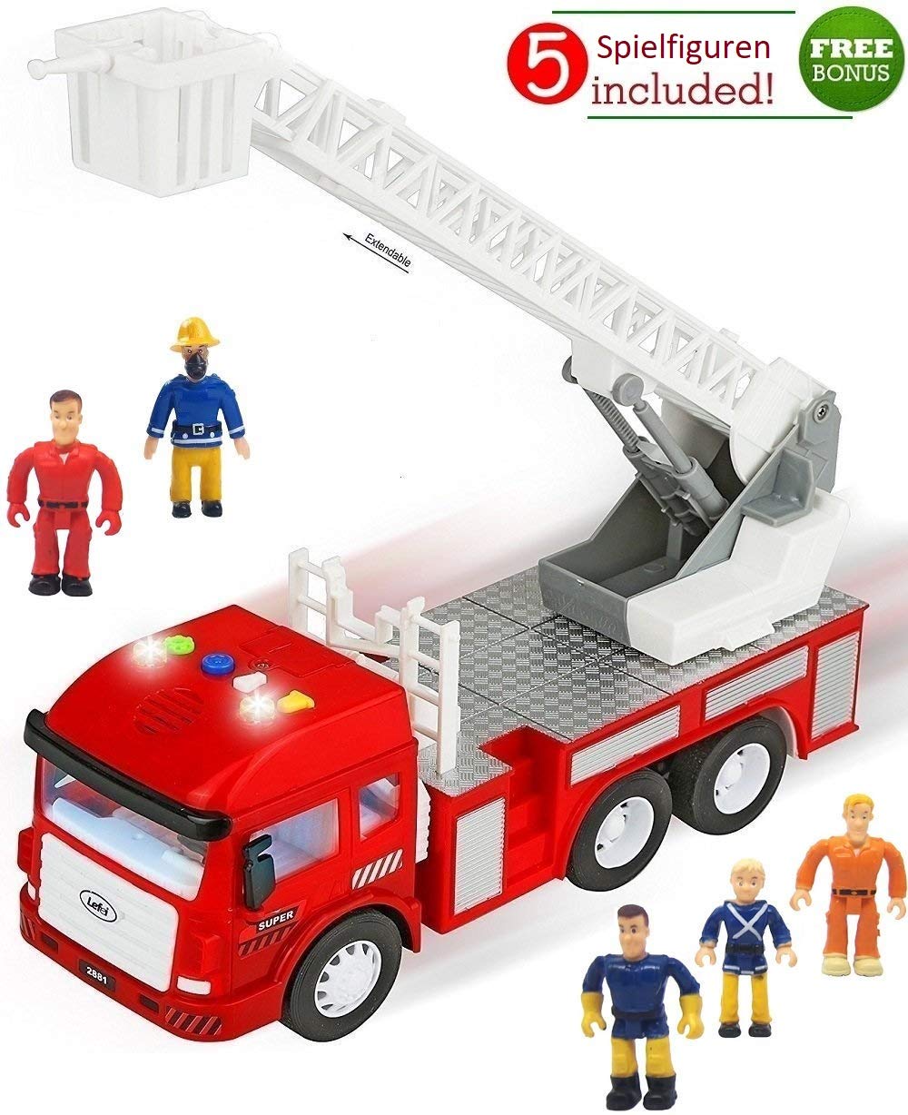 FUNERICA Fire Truck Toy with Flashing Lights, 4 Siren Sounds, Extending Rescue Ladder, Friction Strong Powered Firetruck Engine, Best Firefighter Playset Birthday Gift for Toddlers, Kids, Boys, Girls