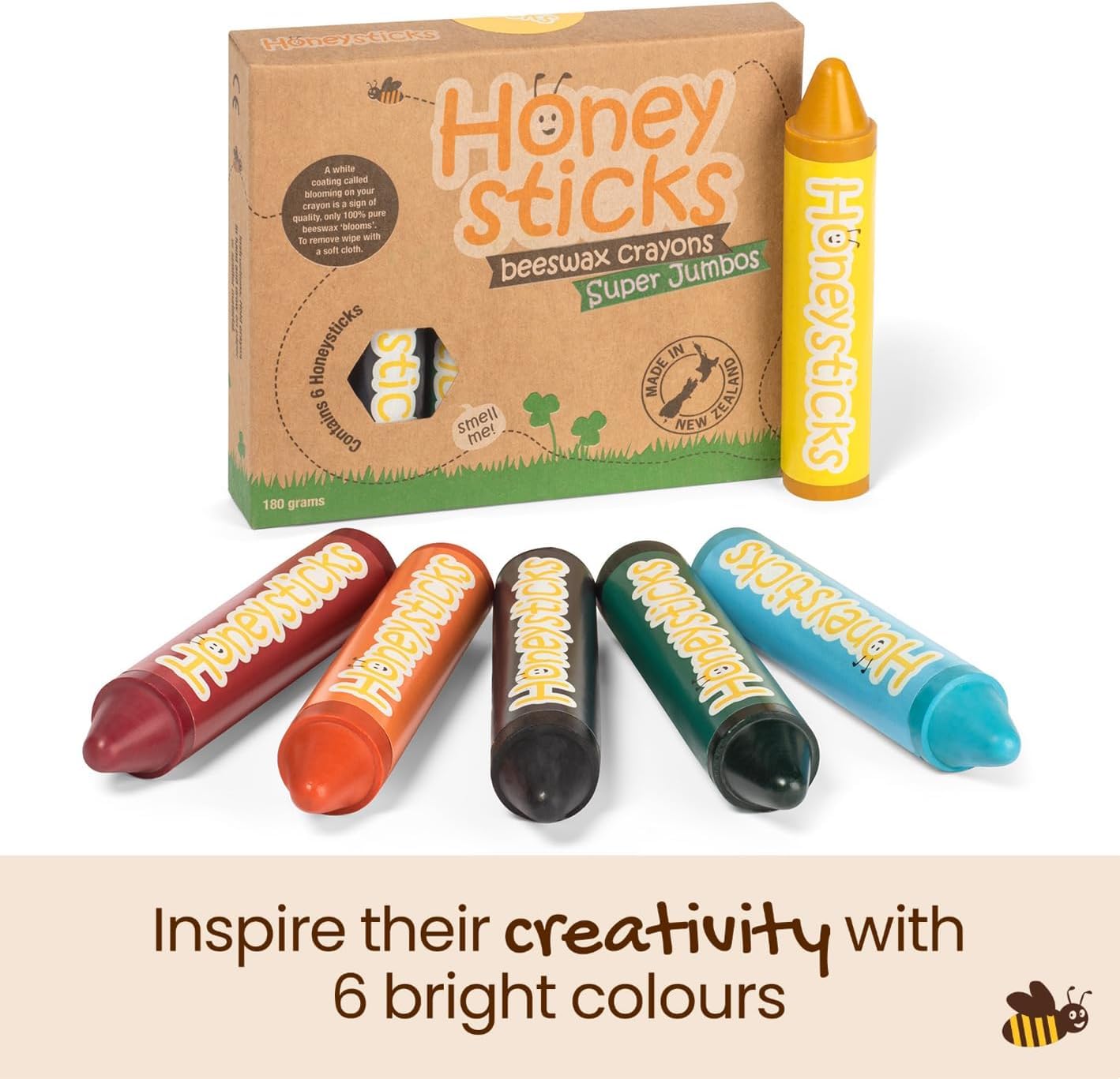 Honeysticks Super Jumbo Crayons (6 Pack) - 100% Pure Beeswax Crayons with Food Grade Colors, Non Toxic Crayons for Toddlers 1-3 Unbreakable, Extra Large Crayons, Easy to Hold and Use, Eco-Friendly