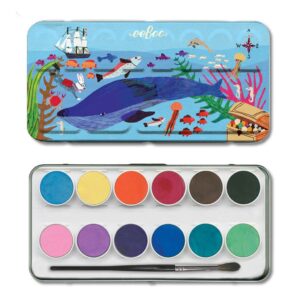 eeboo: in the sea watercolor paints set/12 colors, includes paint brush, easy to close and comes in portable tin set, perfect for watercolor painting, hand crafts with paints and other artworks