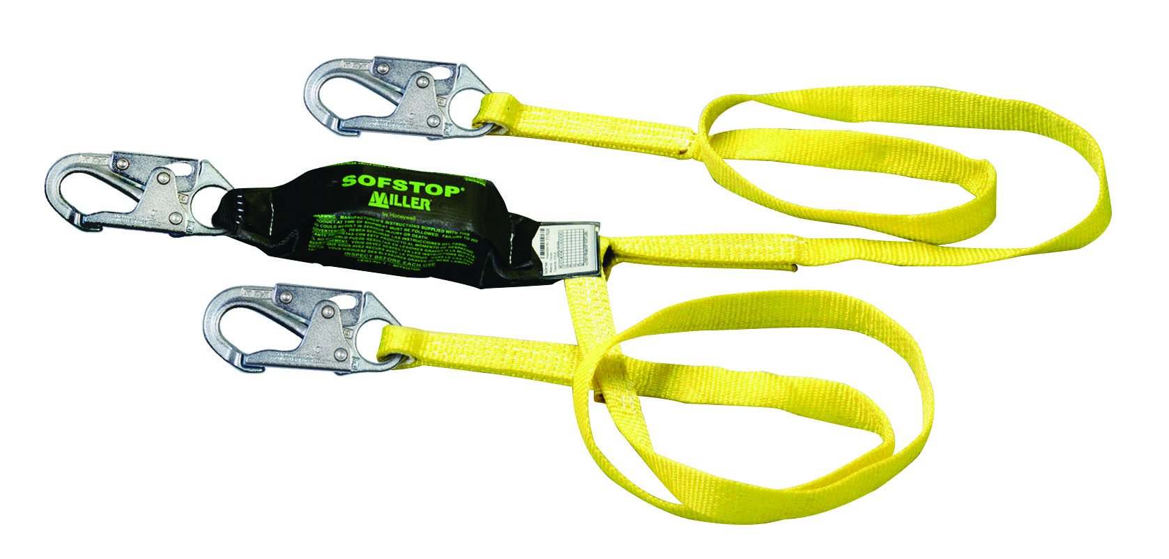 Miller Honeywell 8798-Z7/6FTYL Miller Lanyard with SofStop Shock-Absorber, Web Shock-Absorbing Lanyard with 6' double leg; 3 locking snap hooks