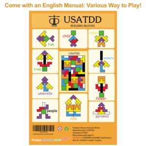 USATDD Wooden Puzzles Blocks Brain Teasers Toy Russian Tangram Colorful Jigsaw Game Montessori Intelligence STEM Preschool Educational Gift for Baby Toddlers Kids 3 4 5 6 7 Years Old Boys Girls 40Pcs