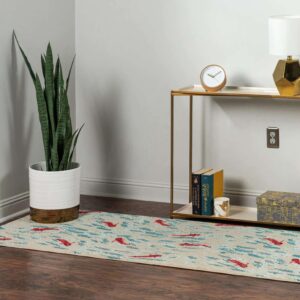 Unique Loom Positano Collection Coastal Modern Bright Colors Fish Beige Runner Rug (3' x 10')