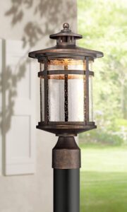 franklin iron works callaway mission industrial outdoor post light fixture led bronze 15 1/2" seeded glass for exterior house porch patio outside deck garage yard garden driveway home lawn walkway