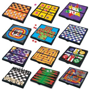 magnetic board game set by gamie - includes 12 retro fun games - 5" compact design - individually boxed - teaches strategy & focus - great for road trip/travel/camping - best gift for kids ages 6+