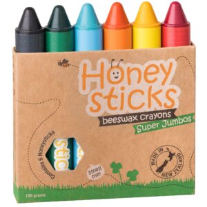 honeysticks super jumbo crayons (6 pack) - 100% pure beeswax crayons with food grade colors, non toxic crayons for toddlers 1-3 unbreakable, extra large crayons, easy to hold and use, eco-friendly