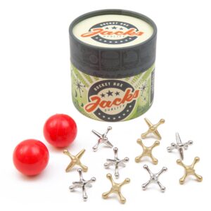 rocket box jacks game: retro toys, vintage, classic games of jacks, gold and silver toned jax, two red bouncy balls, fun toys for kids and adults of all ages. family board games night. travel size.