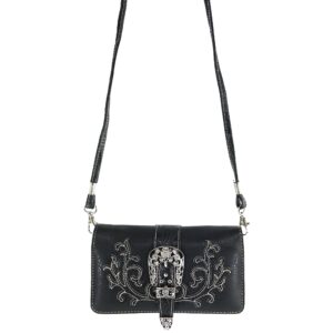 Justin West Western Floral Laser Cut Embroidery Studded Silver Rhinestone Buckle Wristlet Trifold Wallet Attachable Long Strap Collection (Black)