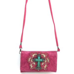 Justin West Western Floral Laser Cut Embroidery Studded Silver Rhinestone Cross Wristlet Trifold Wallet Attachable Long Strap (Purple)