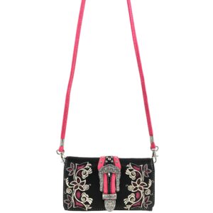 Justin West Tooled Laser Cut Leather Solid Rhinestone Silver Buckle Wristlet Trifold Wallet Attachable Long Strap (Black Hot Pink)