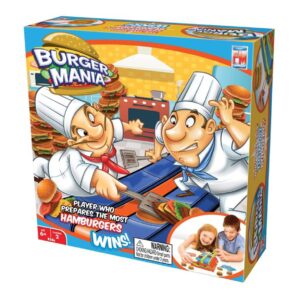 fotorama burger mania sizzling build-a-burger game, fast-paced conveyor belt fast food thrill competition, develops fine motor skills and dexterity, for children ages 6 and up