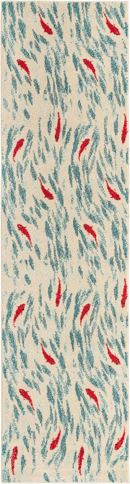 Unique Loom Positano Collection Coastal Modern Bright Colors Fish Beige Runner Rug (3' x 10')