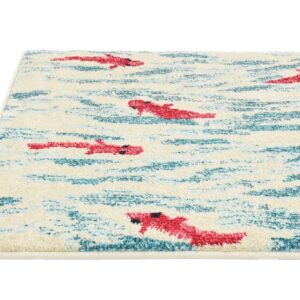 Unique Loom Positano Collection Coastal Modern Bright Colors Fish Beige Runner Rug (3' x 10')