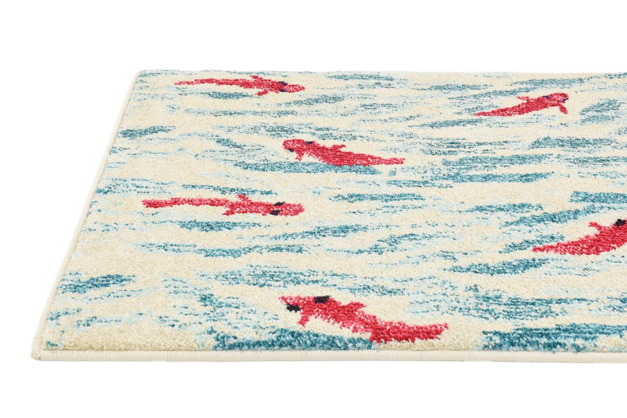 Unique Loom Positano Collection Coastal Modern Bright Colors Fish Beige Runner Rug (3' x 10')