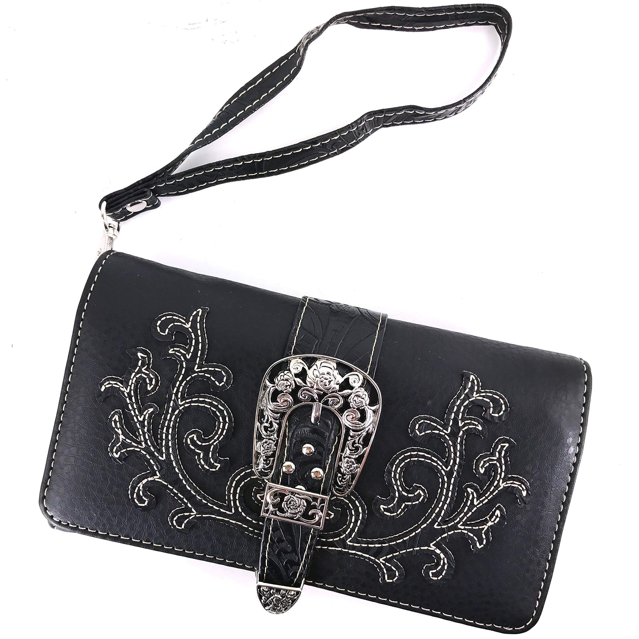 Justin West Western Floral Laser Cut Embroidery Studded Silver Rhinestone Buckle Wristlet Trifold Wallet Attachable Long Strap Collection (Black)