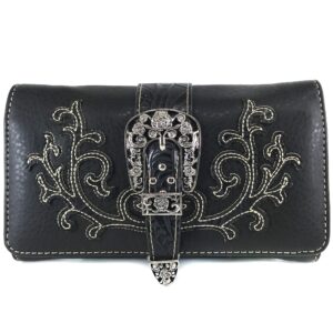 justin west western floral laser cut embroidery studded silver rhinestone buckle wristlet trifold wallet attachable long strap collection (black)