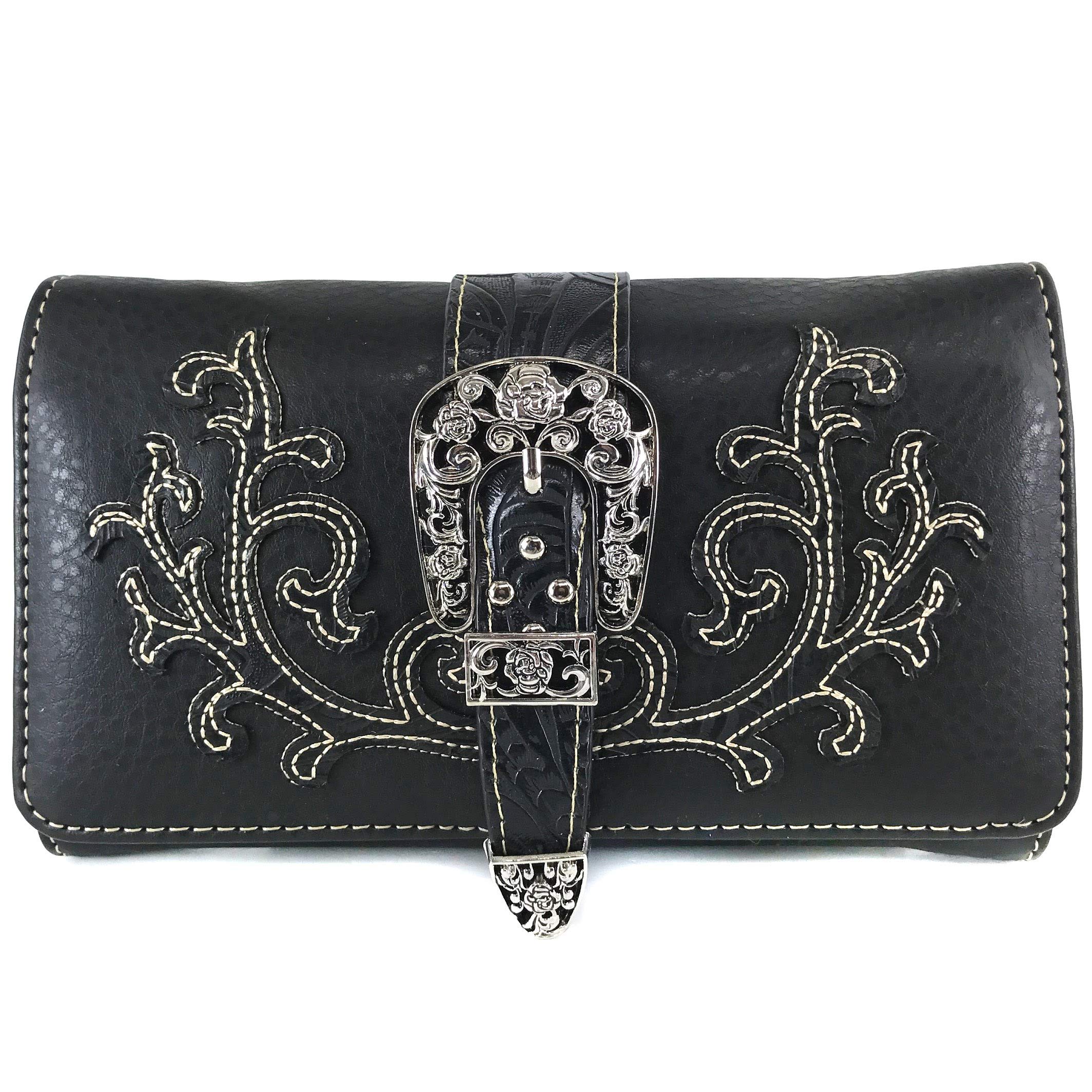 Justin West Western Floral Laser Cut Embroidery Studded Silver Rhinestone Buckle Wristlet Trifold Wallet Attachable Long Strap Collection (Black)