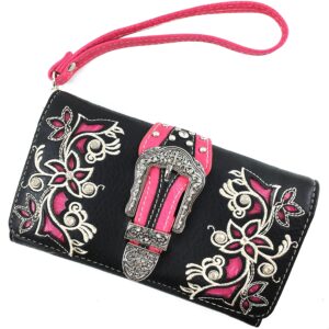 justin west tooled laser cut leather solid rhinestone silver buckle wristlet trifold wallet attachable long strap (black hot pink)