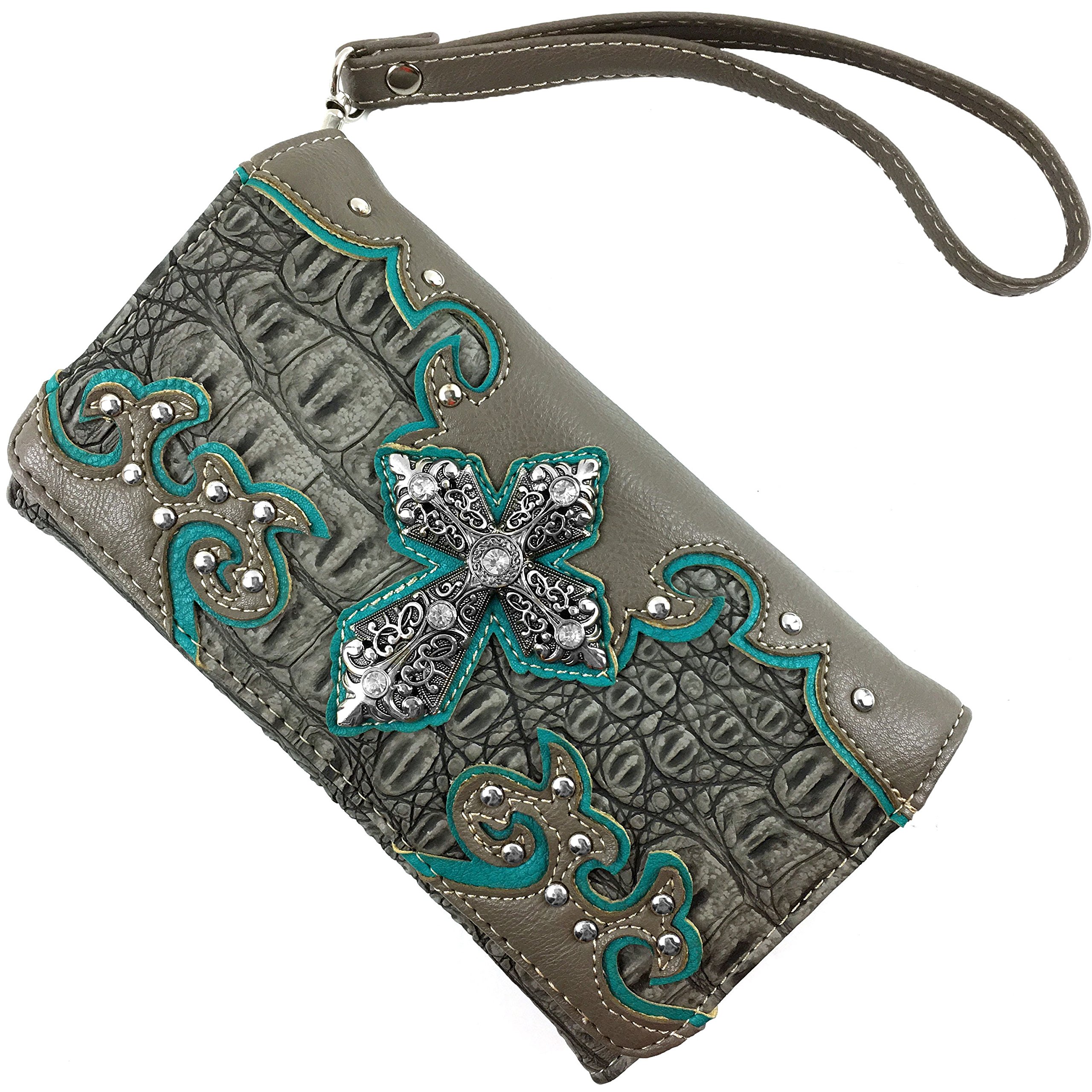 Justin West Western Tooled Croc Animal Faux Leather Silver Rhinestone Cross Studded Wristlet Trifold Wallet Attachable Long Strap (Pewter)