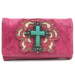 justin west western floral laser cut embroidery studded silver rhinestone cross wristlet trifold wallet attachable long strap (purple)