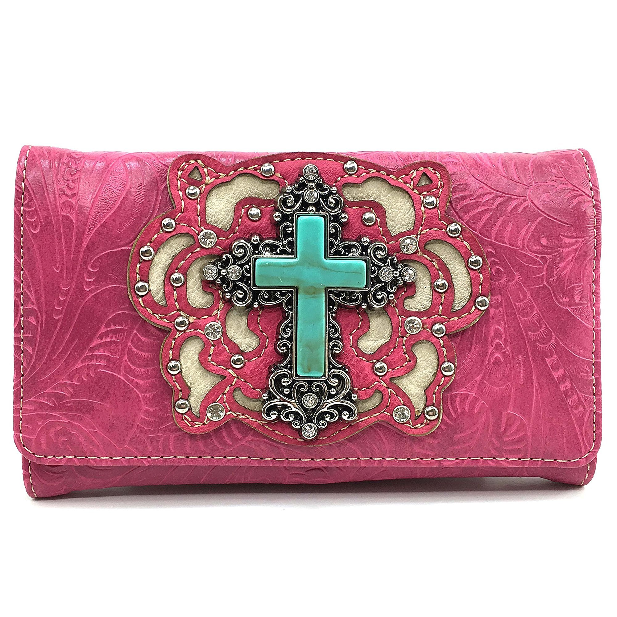 Justin West Western Floral Laser Cut Embroidery Studded Silver Rhinestone Cross Wristlet Trifold Wallet Attachable Long Strap (Purple)