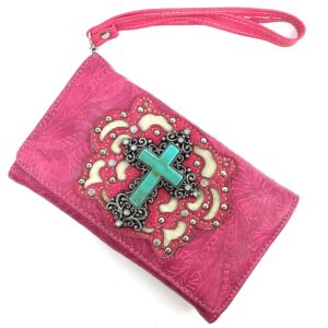 Justin West Western Floral Laser Cut Embroidery Studded Silver Rhinestone Cross Wristlet Trifold Wallet Attachable Long Strap (Purple)