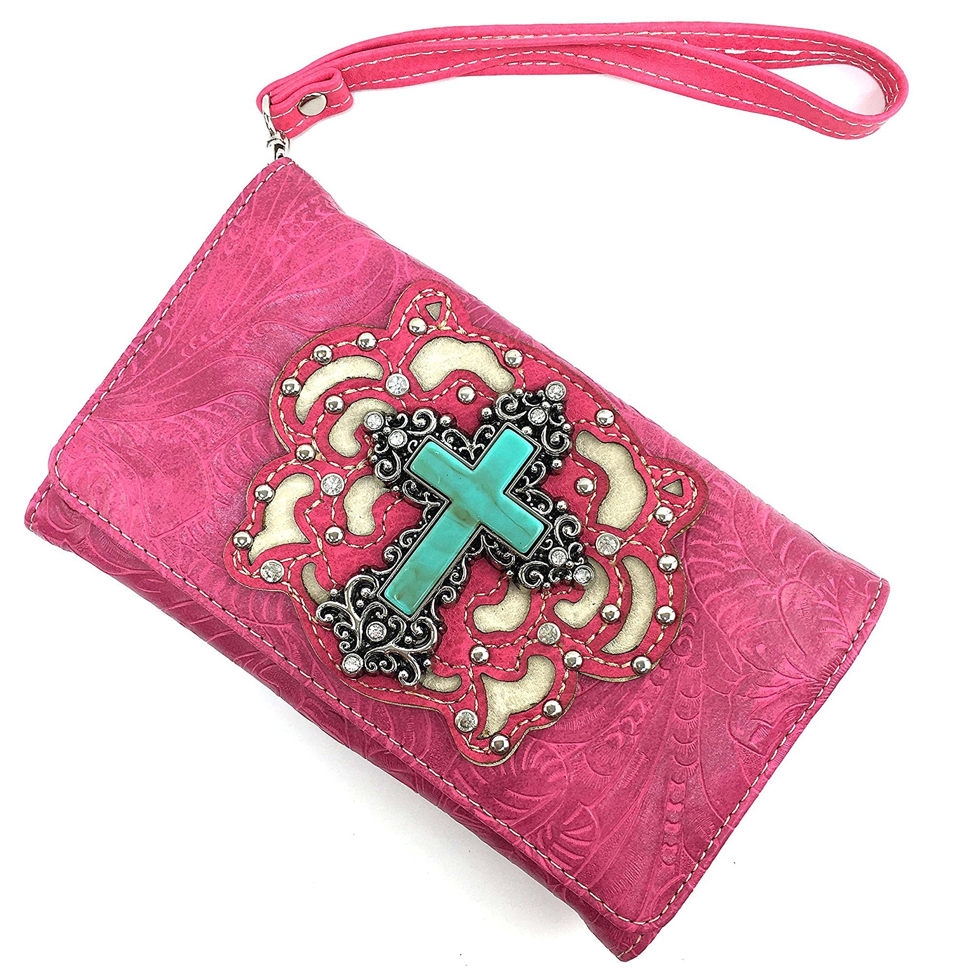 Justin West Western Floral Laser Cut Embroidery Studded Silver Rhinestone Cross Wristlet Trifold Wallet Attachable Long Strap (Purple)