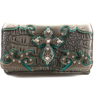 justin west western tooled croc animal faux leather silver rhinestone cross studded wristlet trifold wallet attachable long strap (pewter)