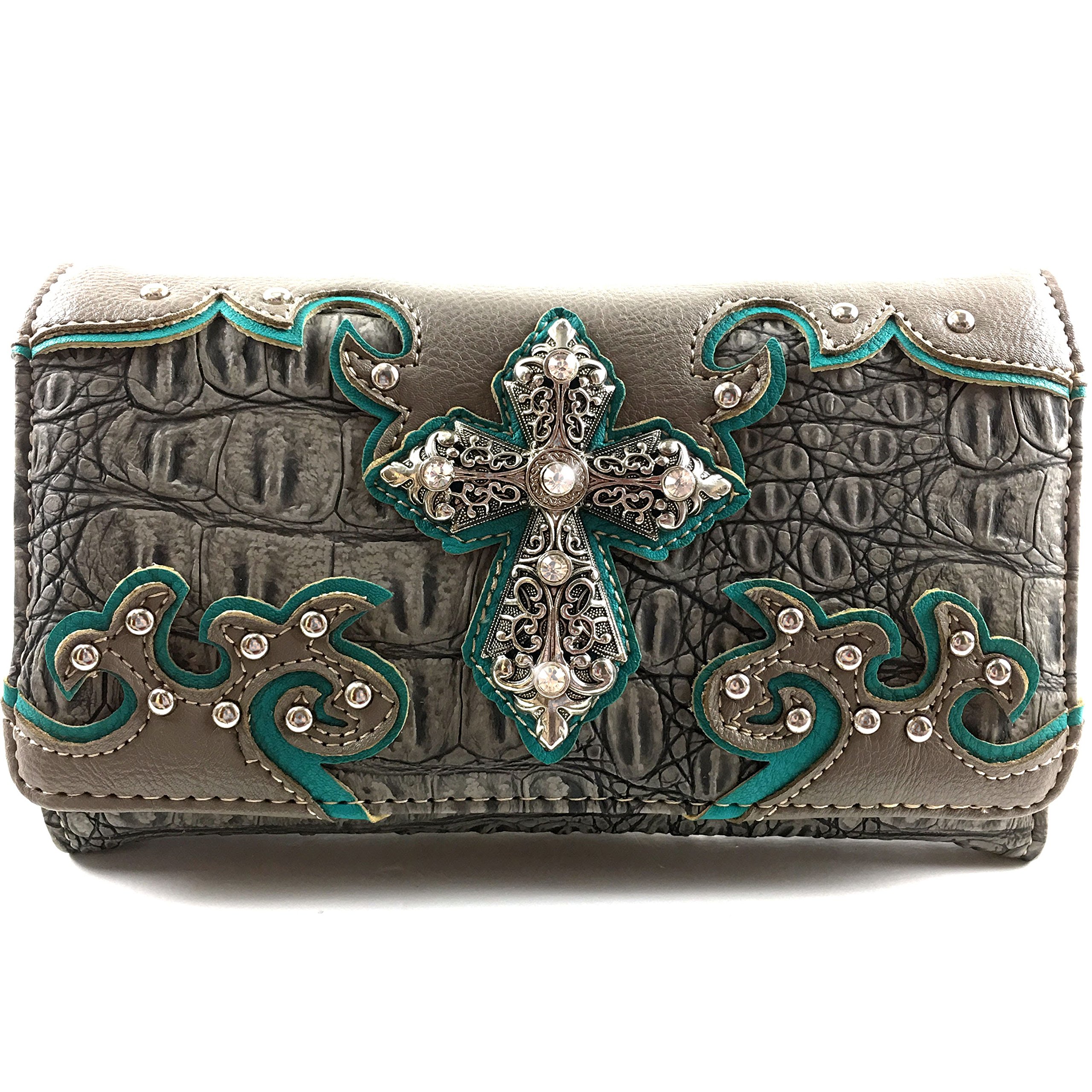 Justin West Western Tooled Croc Animal Faux Leather Silver Rhinestone Cross Studded Wristlet Trifold Wallet Attachable Long Strap (Pewter)