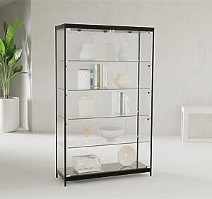 Displays2go 48 Inch Glass Display Case, Nine LED Lights, Four Shelves, Lockable Hinged Doors - Black (LESC4816BK)